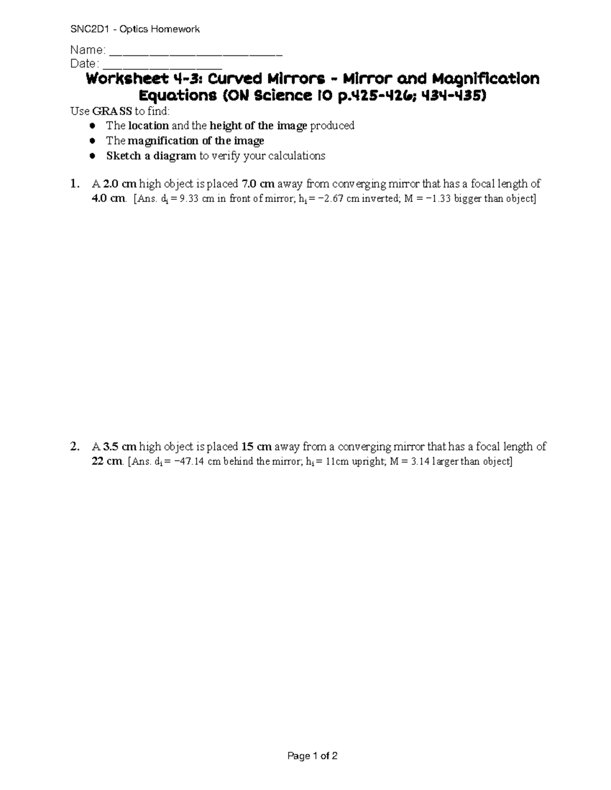 Mirror Equations - SNC2D1 - Optics Homework Name ...