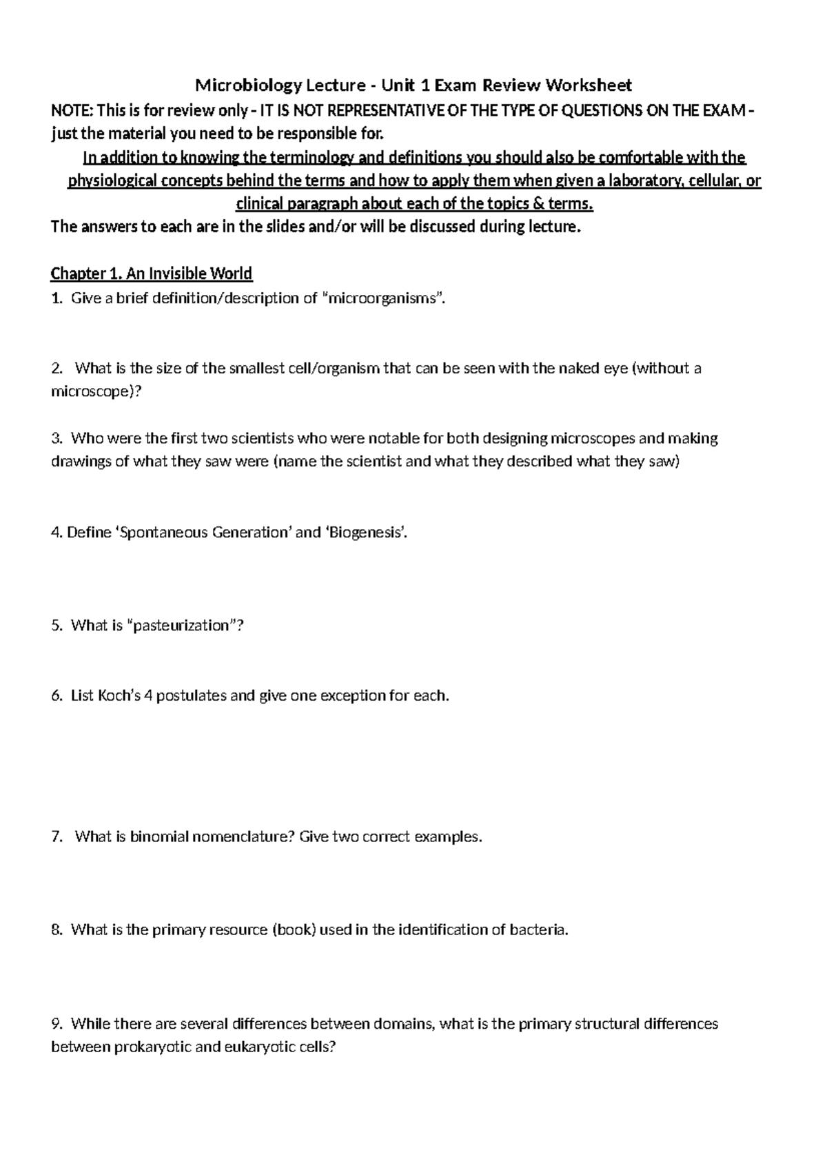 Exam I worksheet Fall 23 - Microbiology Lecture - Unit 1 Exam Review ...