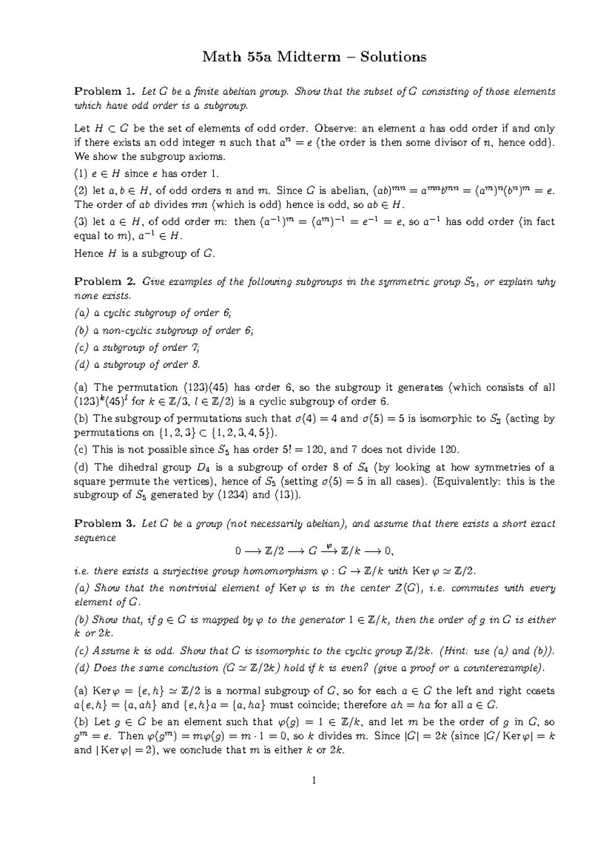 Midtermsol - Solutions for midterm - Math 55a Midterm – Solutions ...
