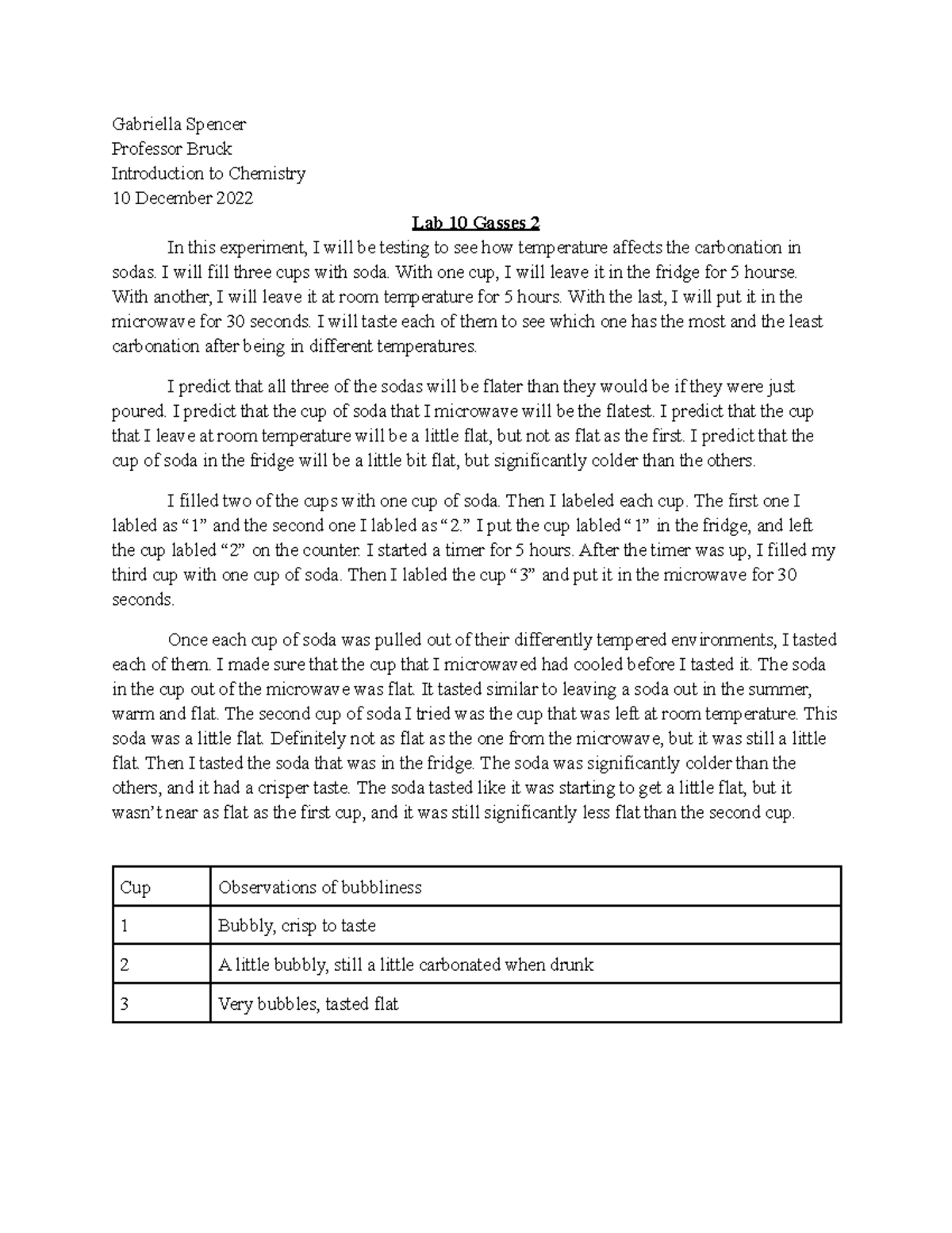 Lab 10 Gasses 2 - Lab Report - Gabriella Spencer Professor Bruck ...