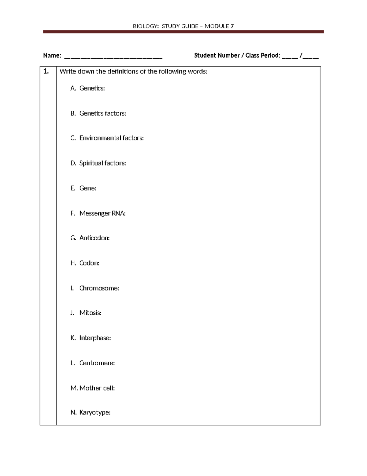 Study Guide - Module 7 - BIOLOGY: STUDY GUIDE – MODULE 7 Name