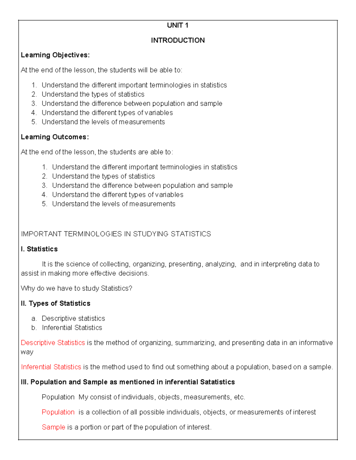 UNIT 1 STAT Terminologies - UNIT 1 INTRODUCTION Learning Objectives: At ...