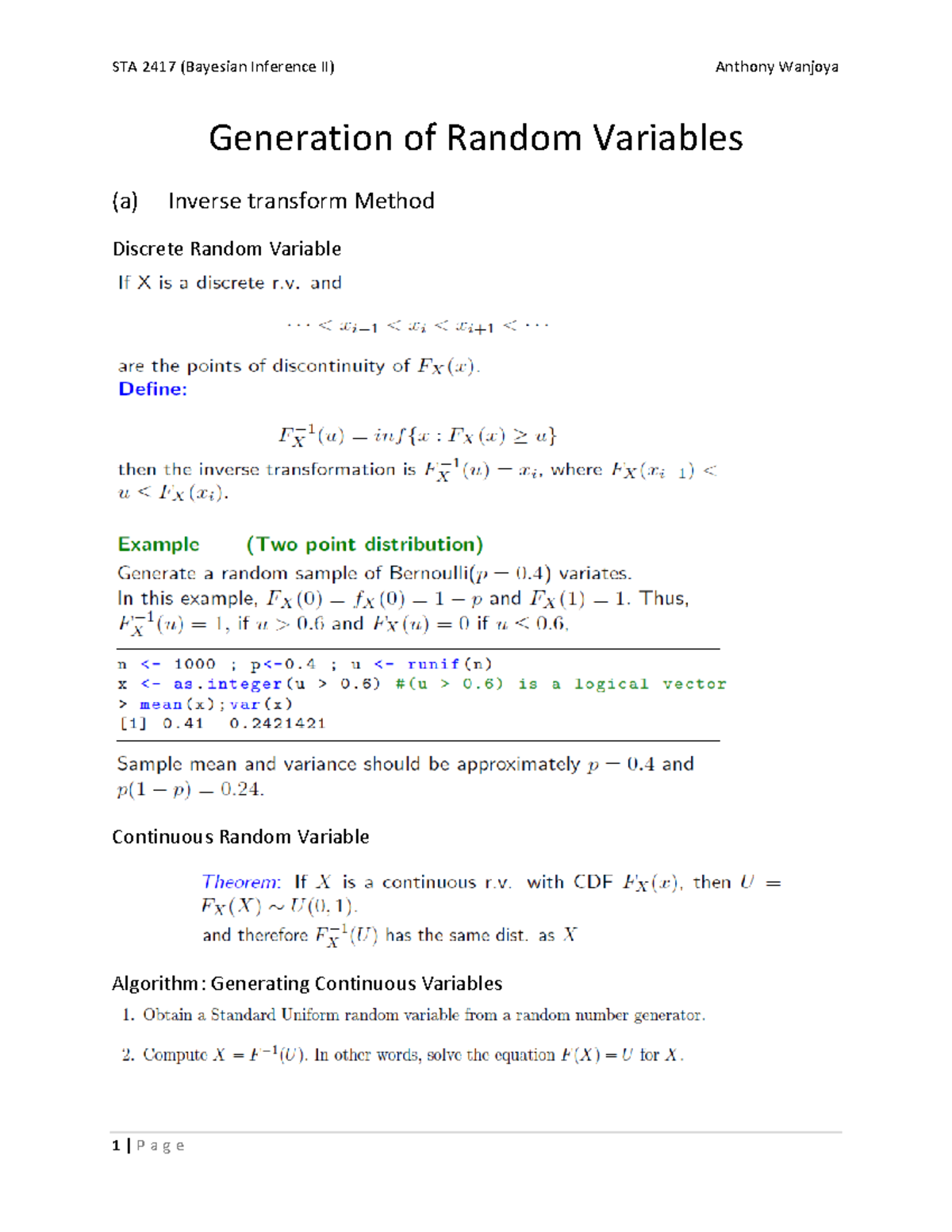 6. Generation of Random Variables - STA 2417 (Bayesian Inference II) Anthony Wanjoya 1 | P a g e ...