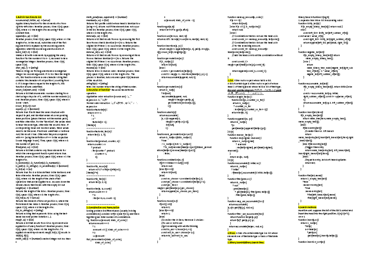 Cs1101s summary (up to midterm) - 1-in functions & List: accumulate(f, initial, xs) → {value ...