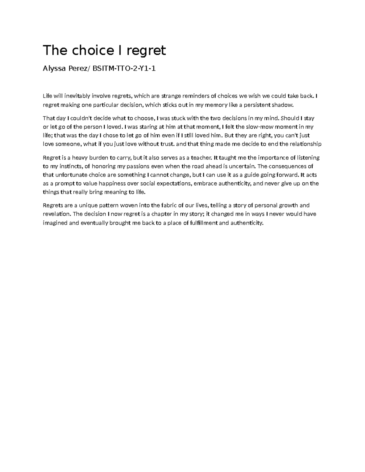 The choice I regret - activties - The choice I regret Alyssa Perez ...
