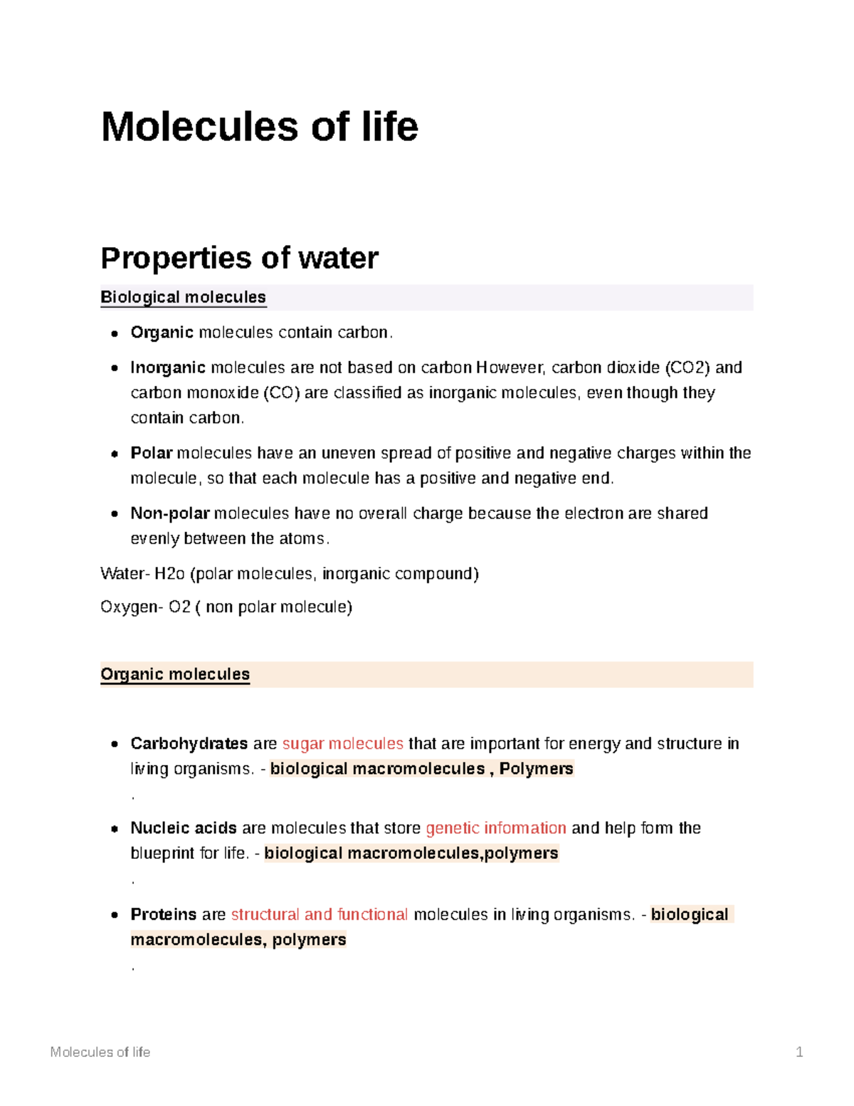Molecules of life - properties of water - Molecules of life Properties ...