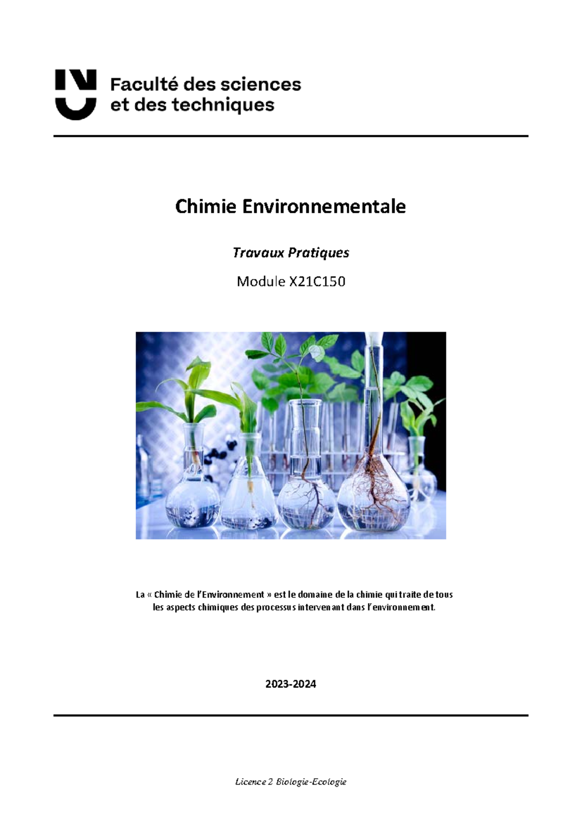 Fascicule TP Chimie Environnementale L2BE 2024 - Licence 2 Biologie-Ecologie Chimie ...