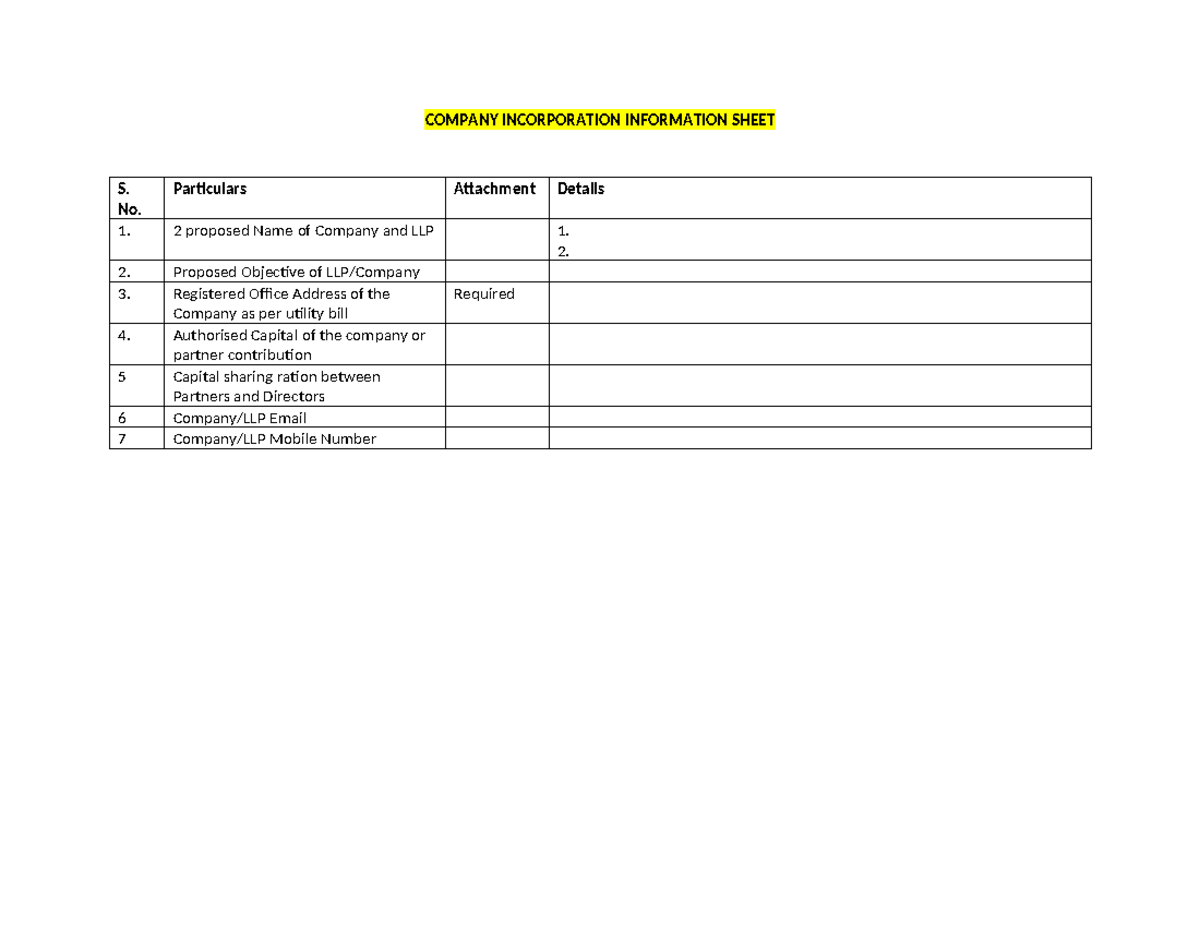 Company Incorporation Information Sheet - COMPANY INCORPORATION ...