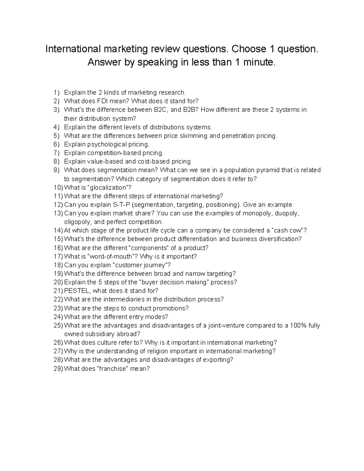 Marketing review questions - Choose 1 question. Answer by speaking in ...