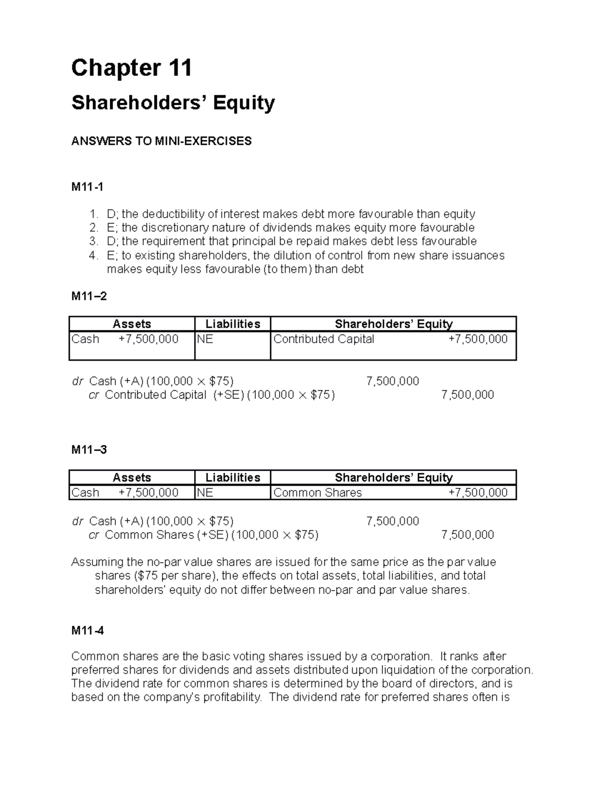 Ch11 Solutions - Chapter 11 Shareholders’ Equity ANSWERS TO MINI-EXERCISES M11- D; the ...