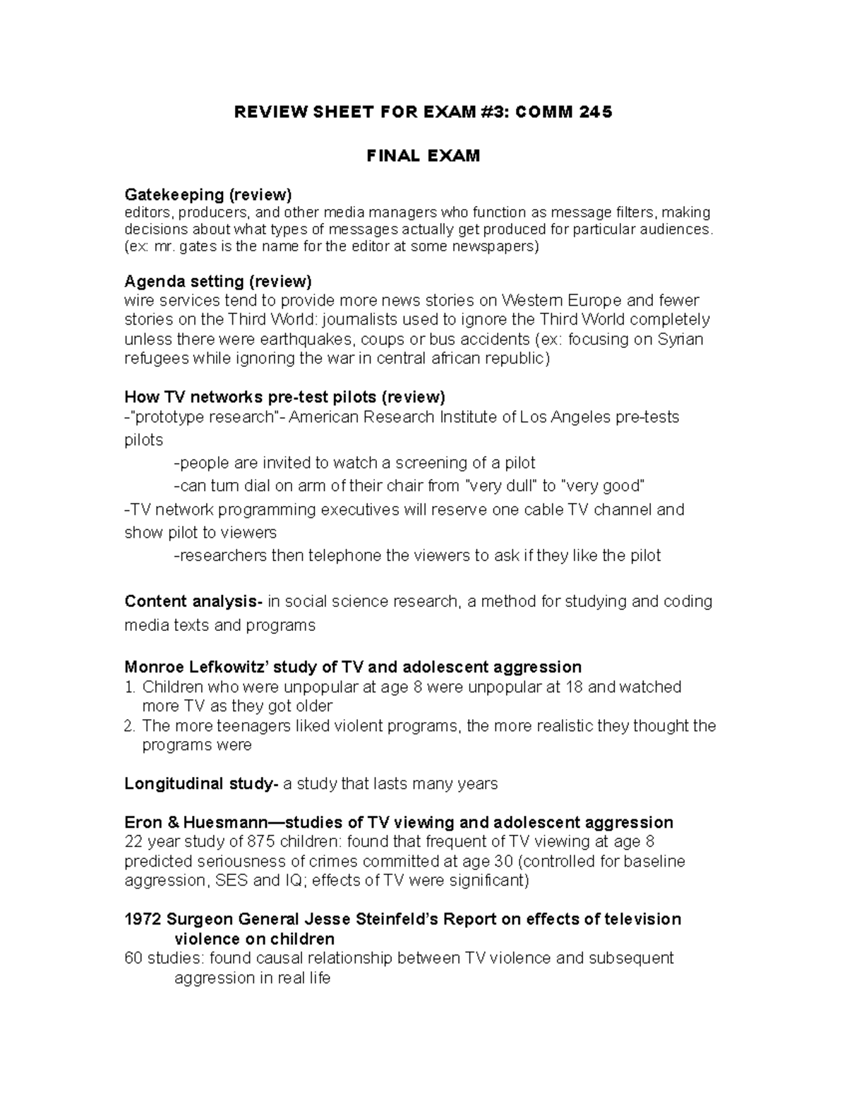 COMM245 exam #3 study guide - REVIEW SHEET FOR EXAM #3: COMM 245 FINAL ...