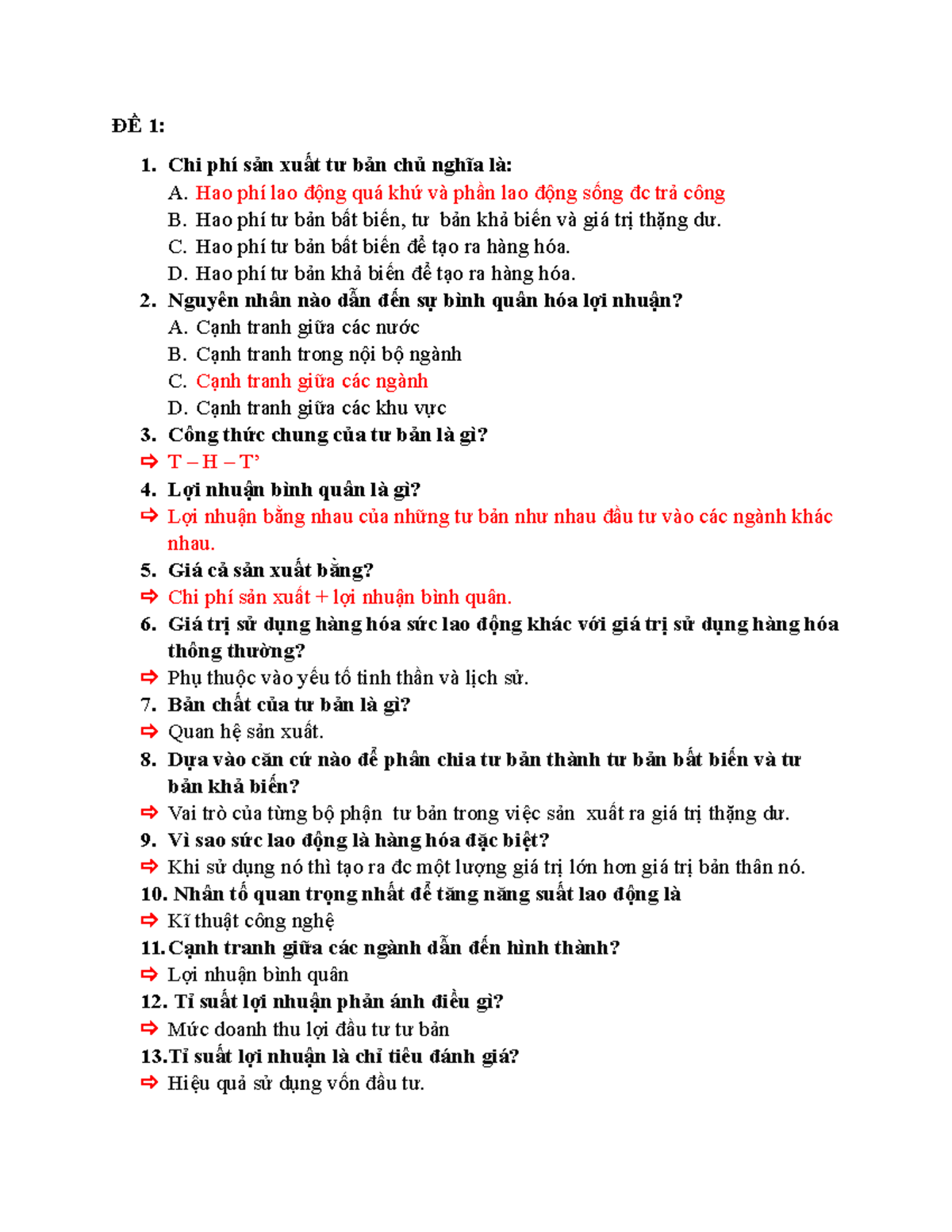 ĐỀ kinh tế chính trị - dkfd - ĐỀ 1: Chi phí sản xuất tư bản chủ nghĩa ...