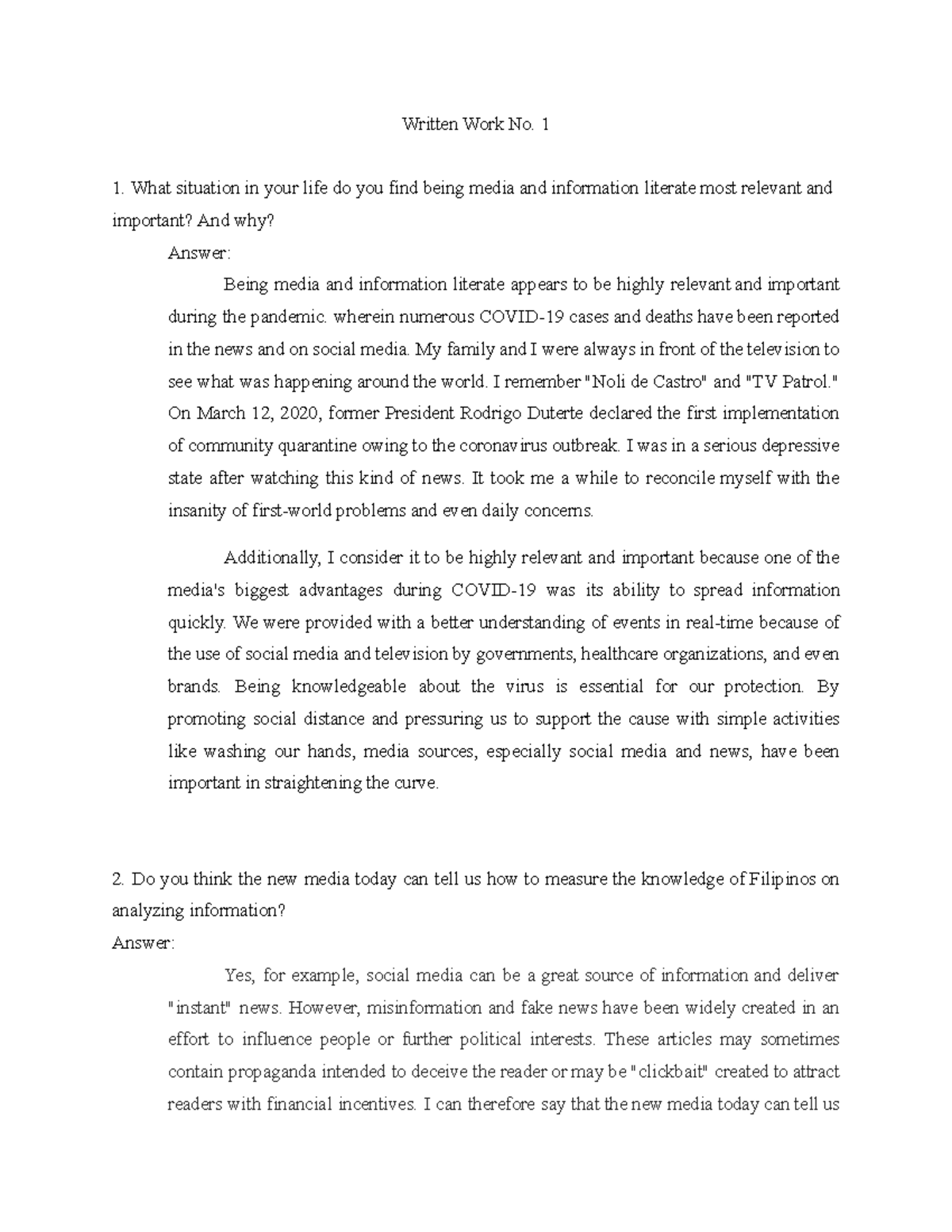 Written Work # 1 - MIL - Assignment in MIL - Written Work No. 1 What ...