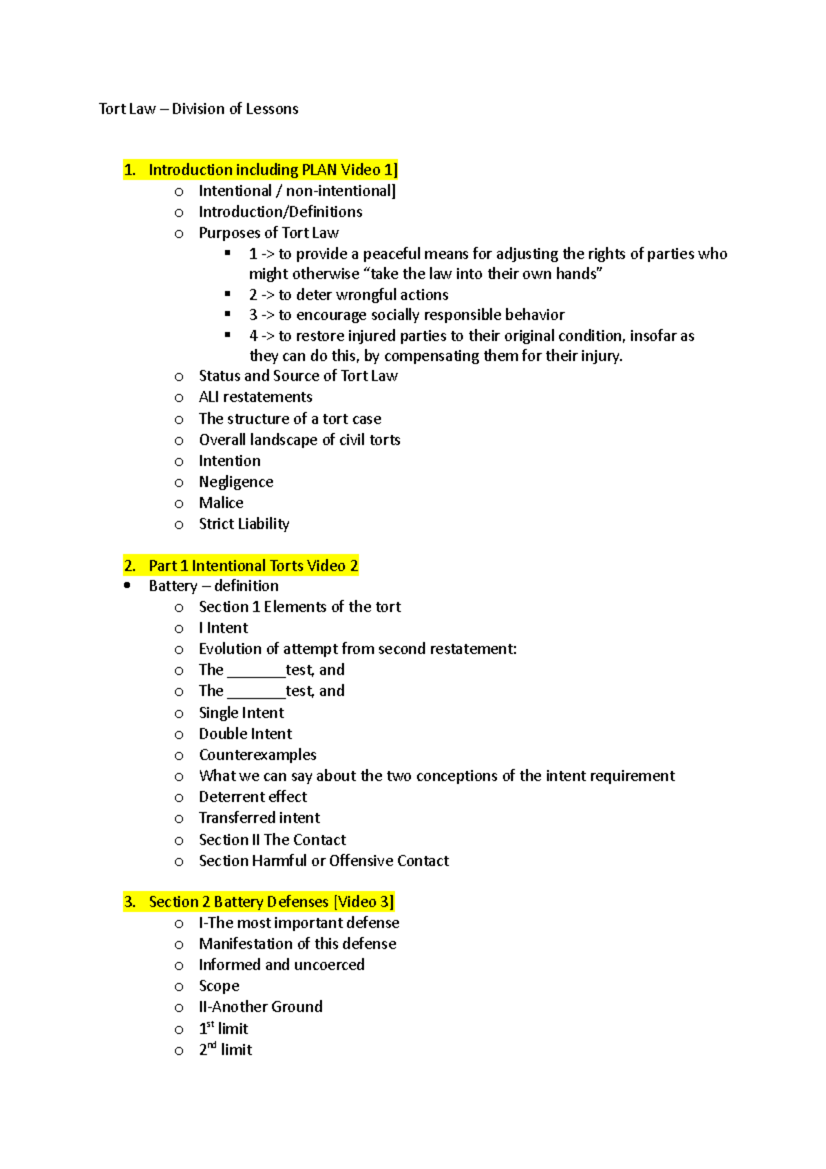 Outline - Tort Law – Division of Lessons 1. Introduction including PLAN ...