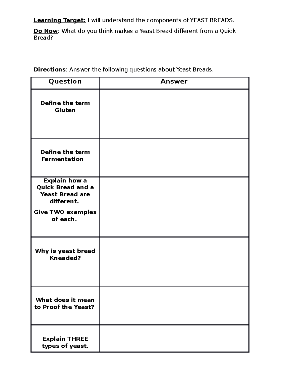 Yeast Breads Terms - eee - Learning Target: I will understand the ...