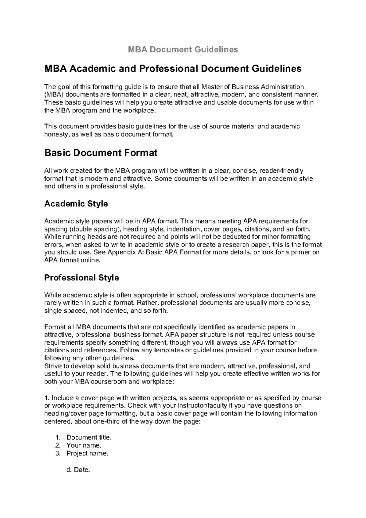 MBA Document Guidelines - These basic guidelines will help you create ...