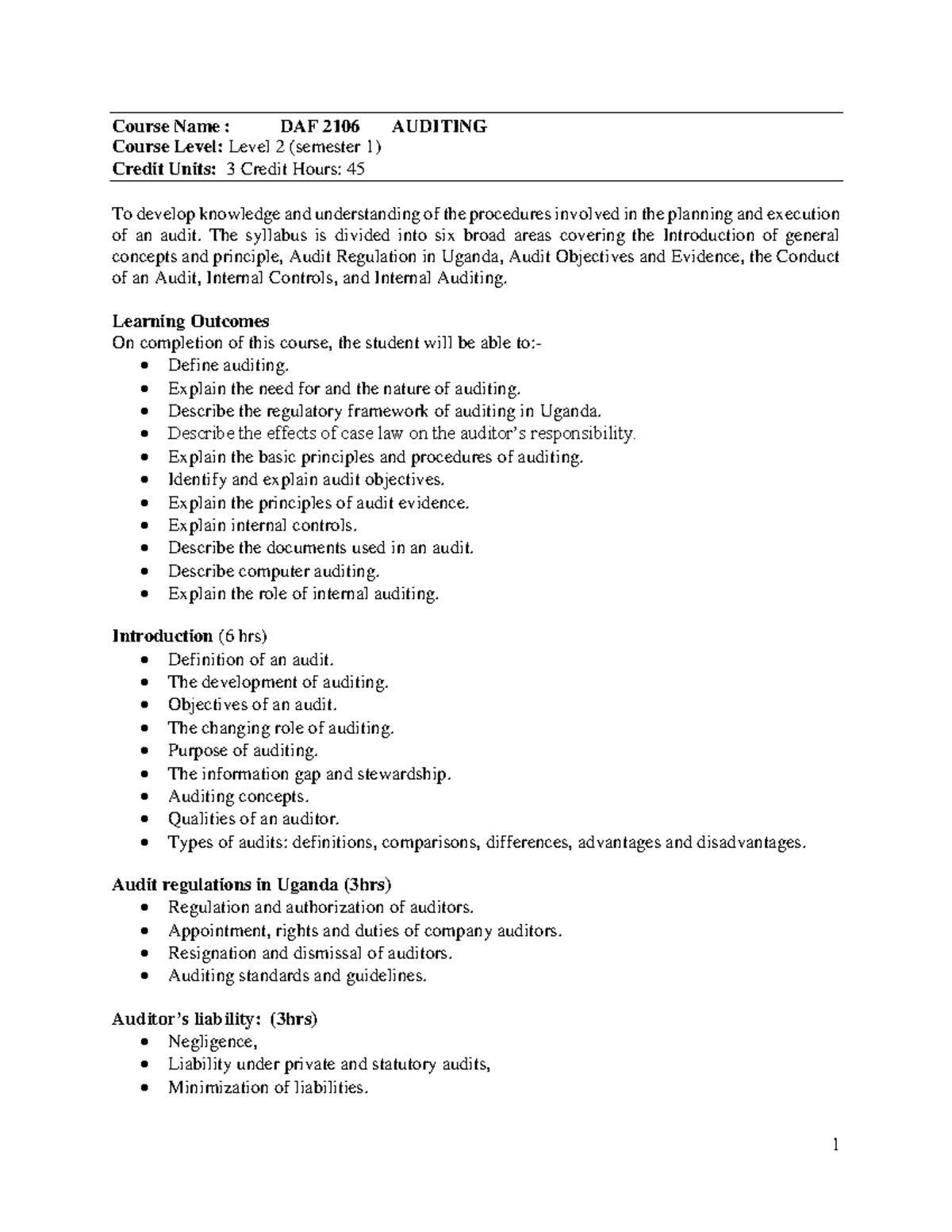 Auditing DAF Course Outline - 1 Course Name : DAF 2106 AUDITING Course ...