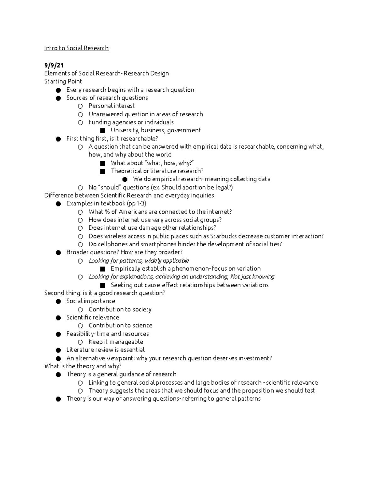Socy 320 notes - Xiao - Intro to Social Research 9/9/ Elements of ...