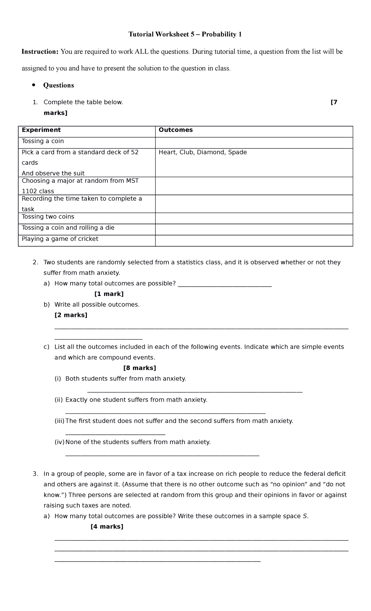 Tutorial Worksheet 5 - During tutorial time, a question from the list ...