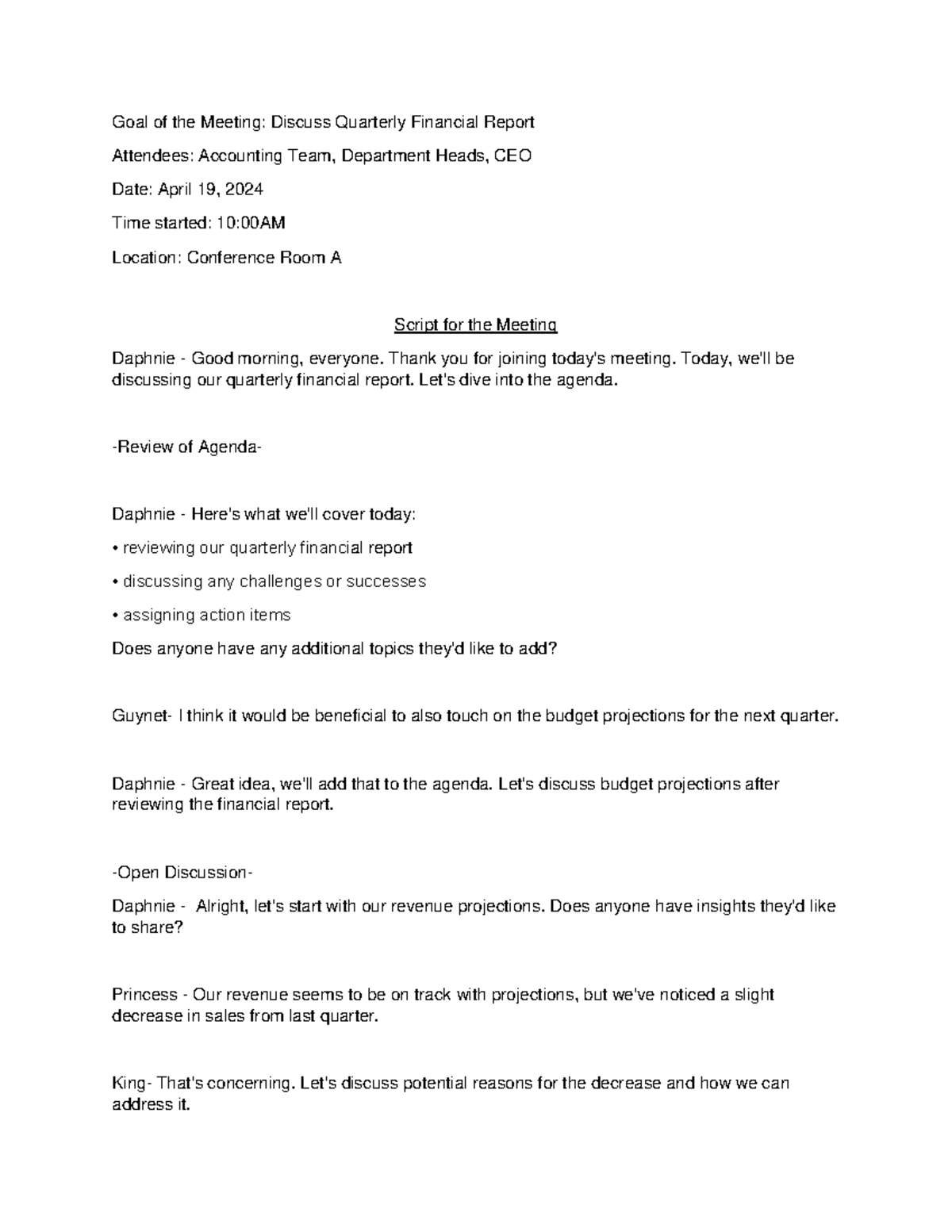 Group Assignment Business Meeting Protocols - Goal of the Meeting ...