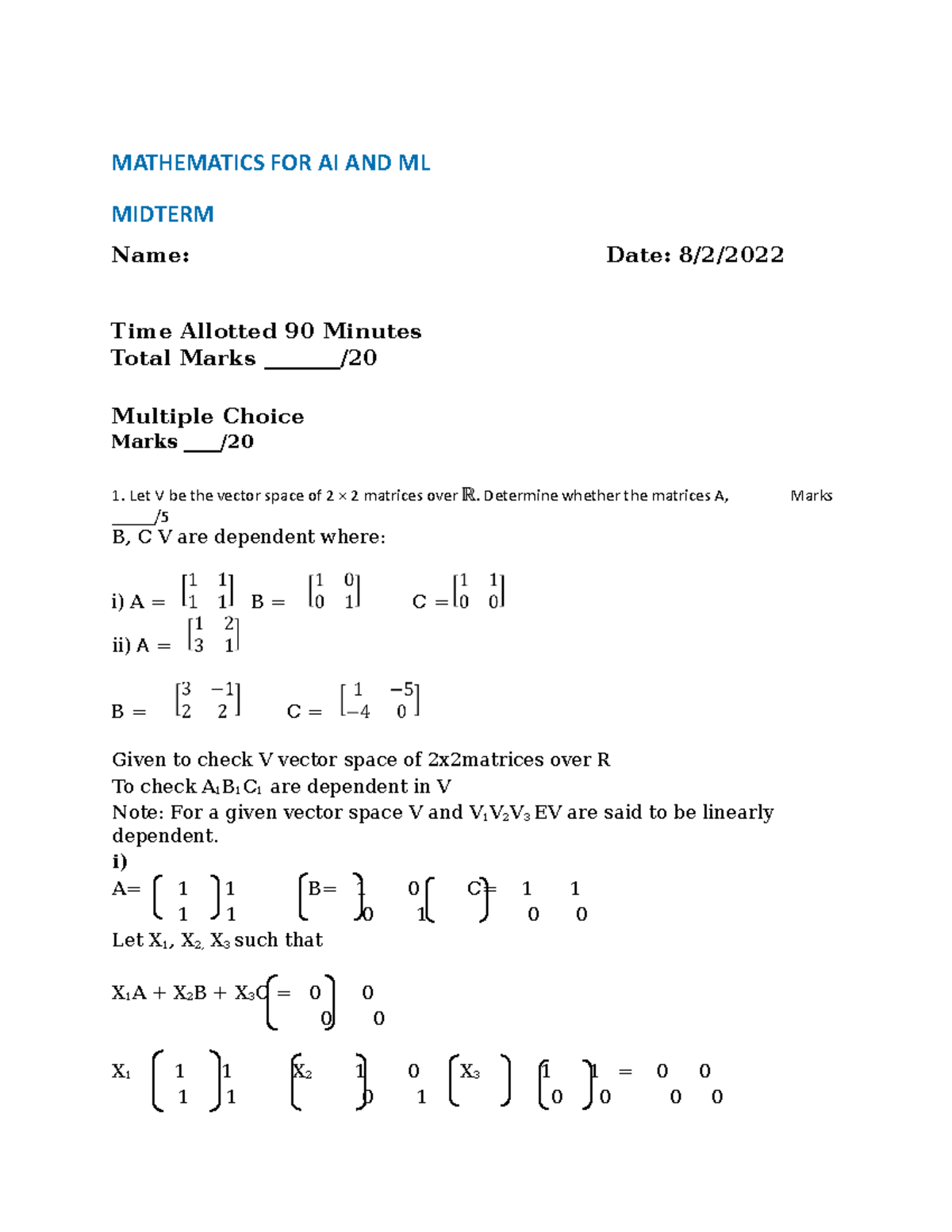 Mathematics FOR AI AND ML-Midterm Exam - MATHEMATICS FOR AI AND ML ...