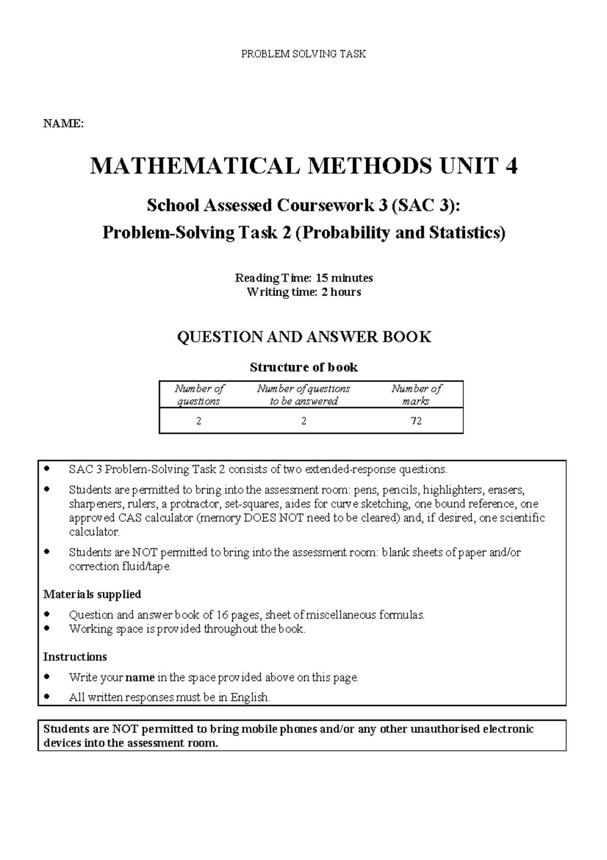 MM4 Problem-Solving Task Probability & Statistics SAC 3 - PROBLEM SOLVING TASK NAME ...