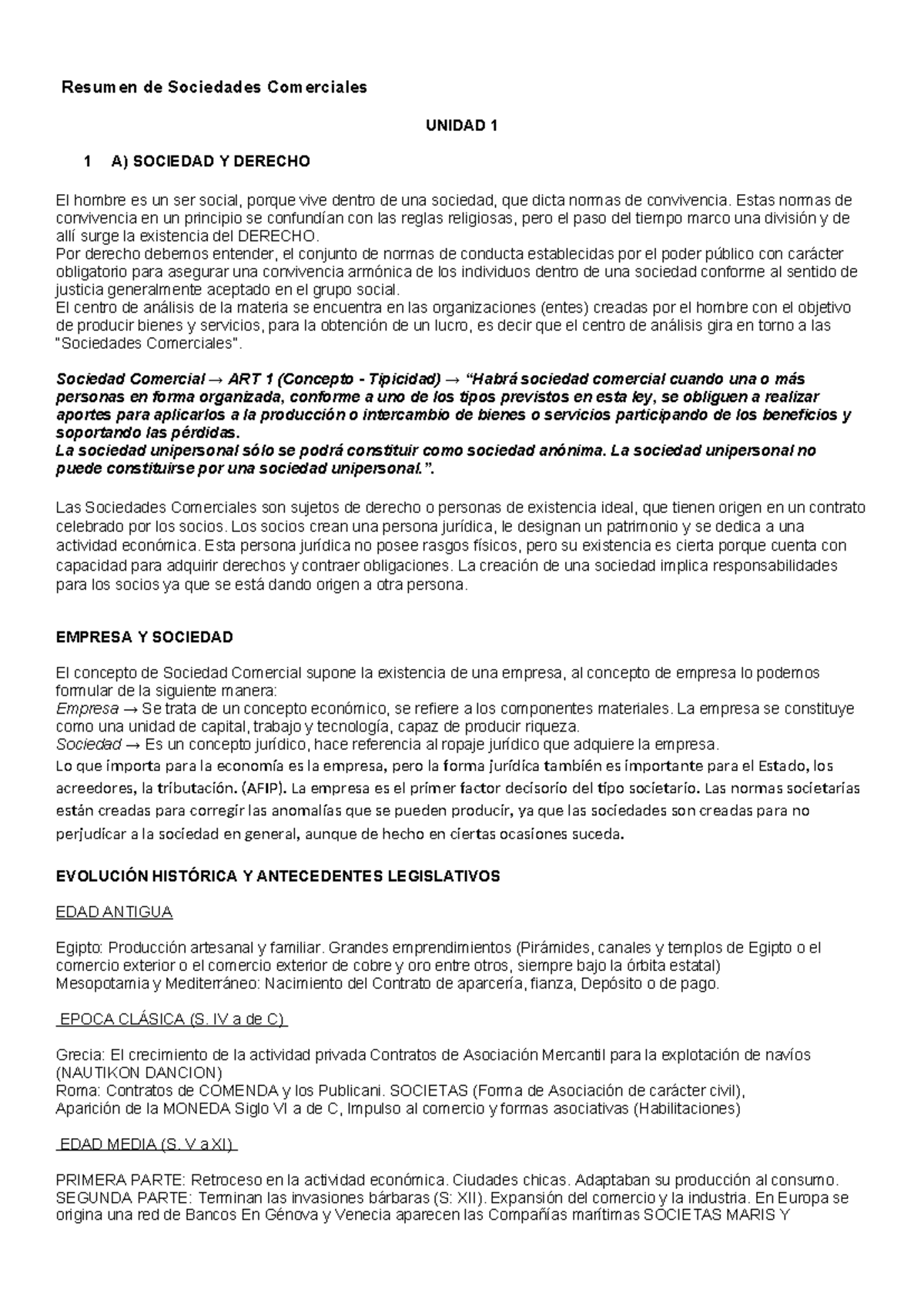 Unidad 1 2024 - Resumen de Sociedades Comerciales UNIDAD 1 1 A) SOCIEDAD Y DERECHO El hombre es ...