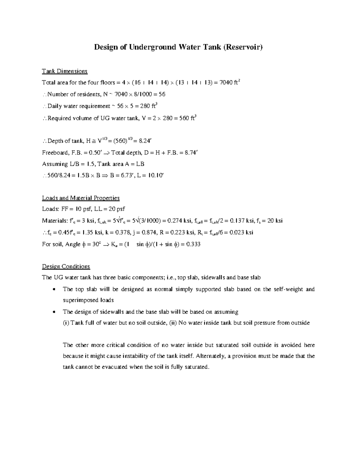 Design of Underground Water Tank - Freeboard, F. = 0 Total depth, D = H ...