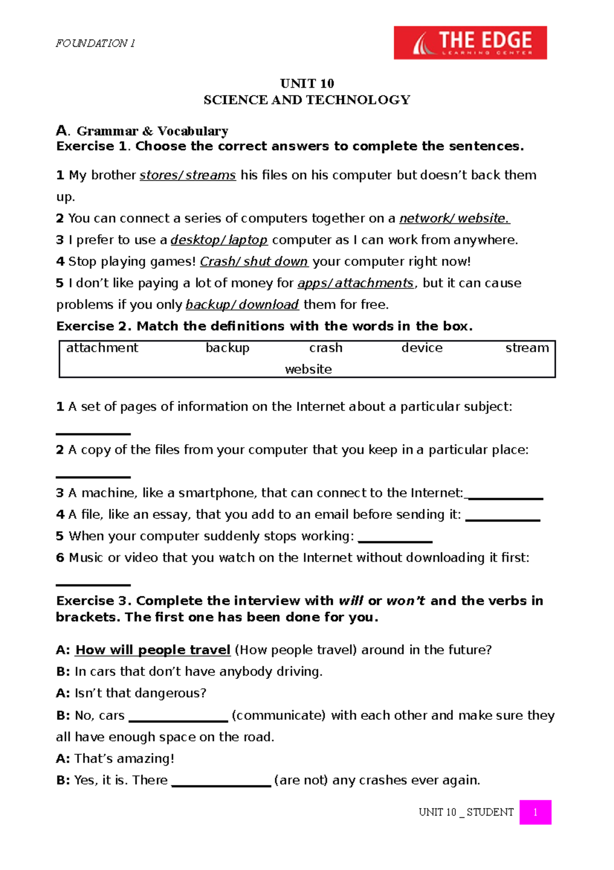 UNIT 10 Student - UNIT 10 SCIENCE AND TECHNOLOGY A. Grammar ...