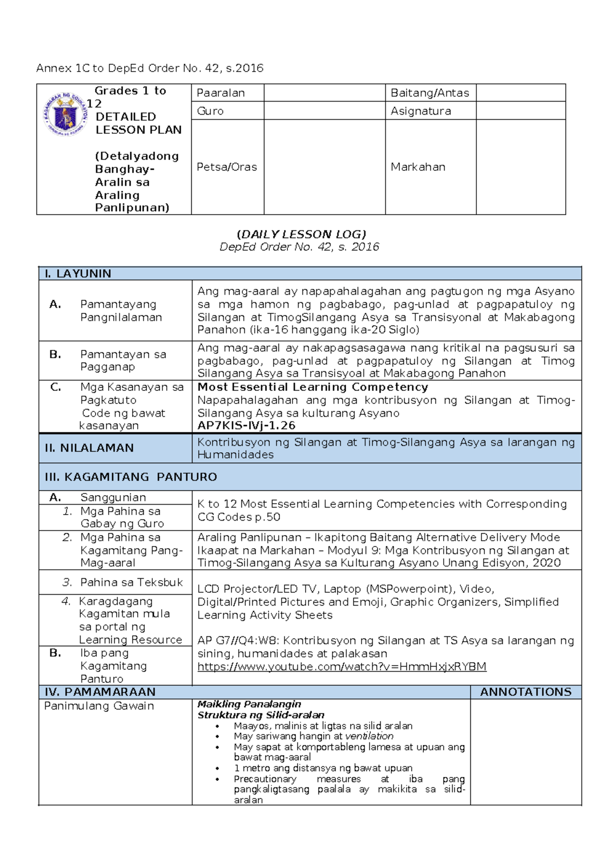 Banghay Aralin SA Araling Panlipunan 7 - Annex 1C to DepEd Order No. 42 ...