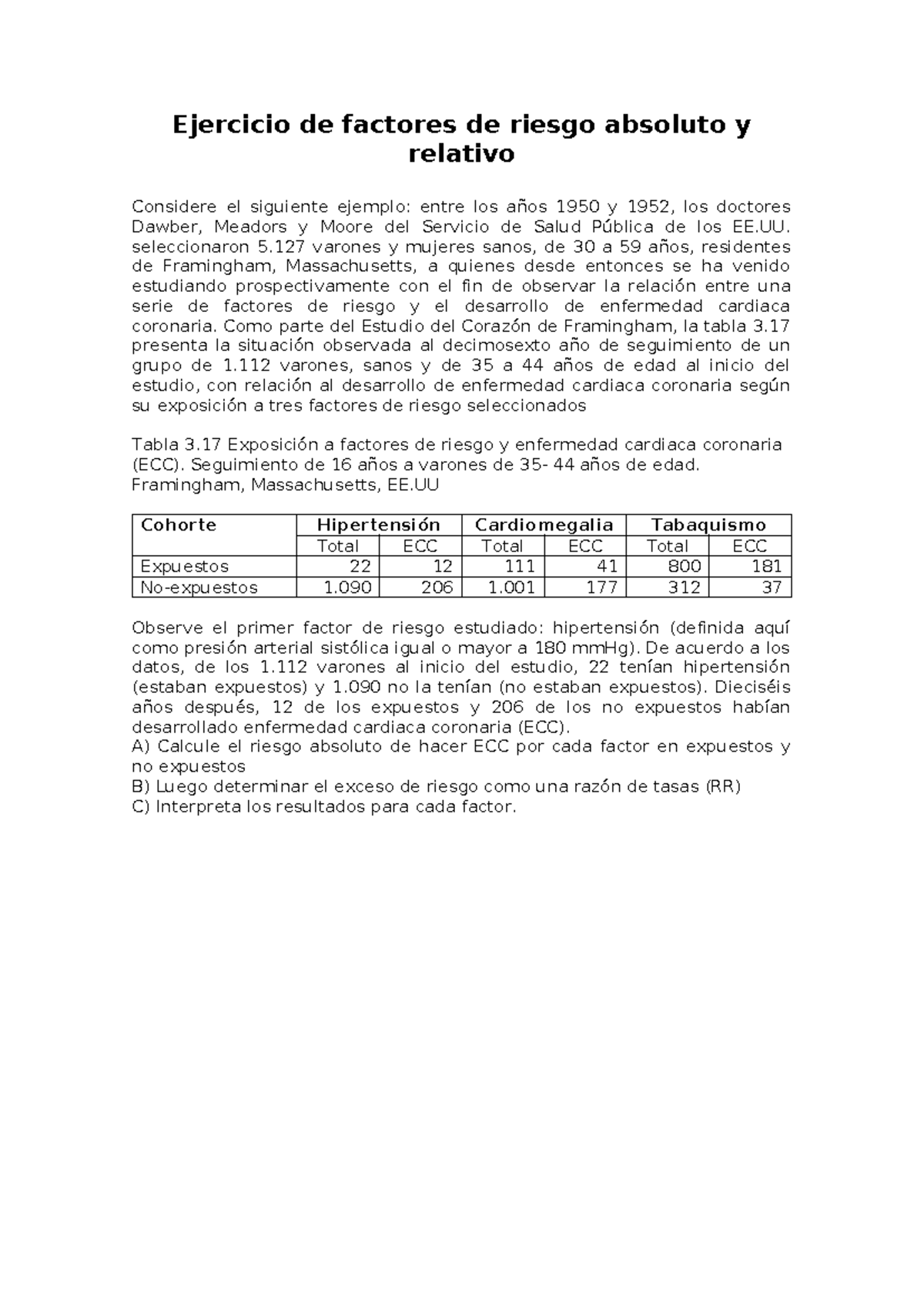Ejercicio de factores de riesgo absoluto y relativo - Ejercicio de ...