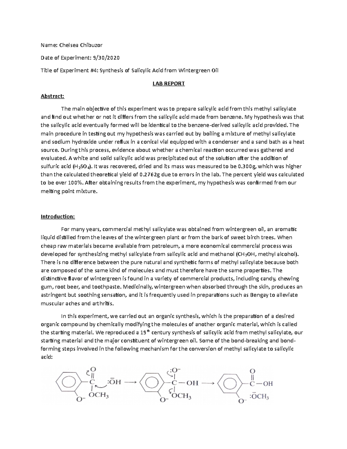 Orgo Chem Lab 4 report - Name: Chelsea Chibuzor Date of Experiment: 9 ...