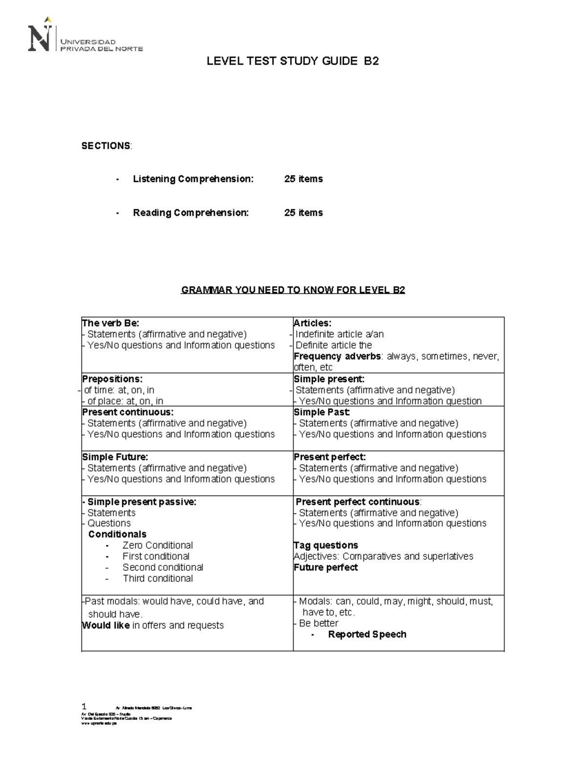 Level TEST B2 Study Guide - LEVEL TEST STUDY GUIDE B SECTIONS ...
