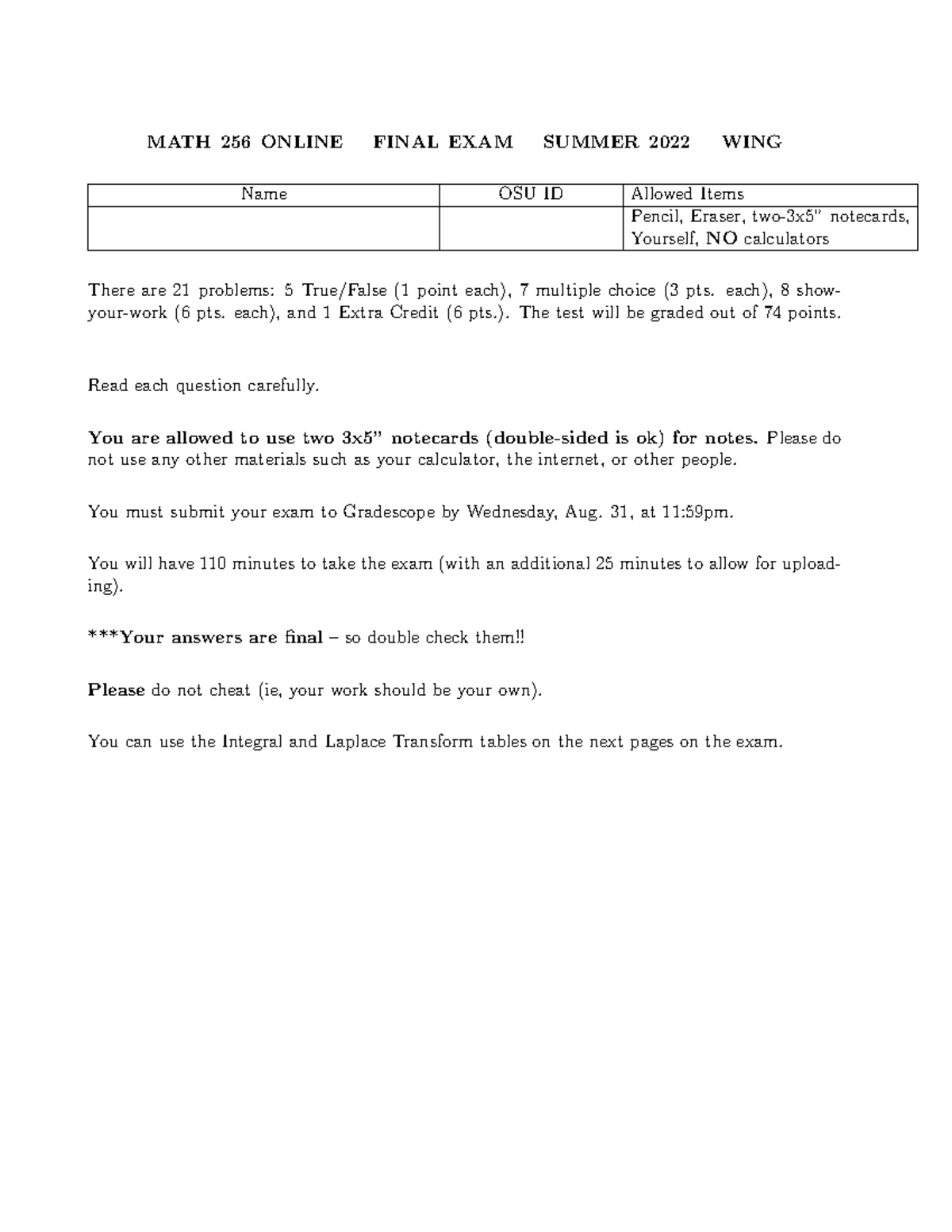 Mth 256 Su22 Final Exam Cover Pages - Name OSU ID Allowed Items Pencil ...