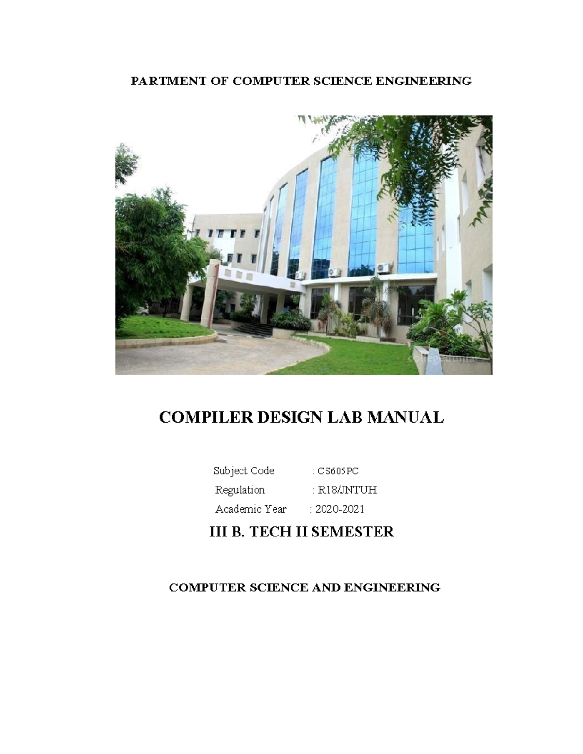 Cd Lab Manual - PARTMENT OF COMPUTER SCIENCE ENGINEERING COMPILER DESIGN LAB MANUAL Subject Code ...