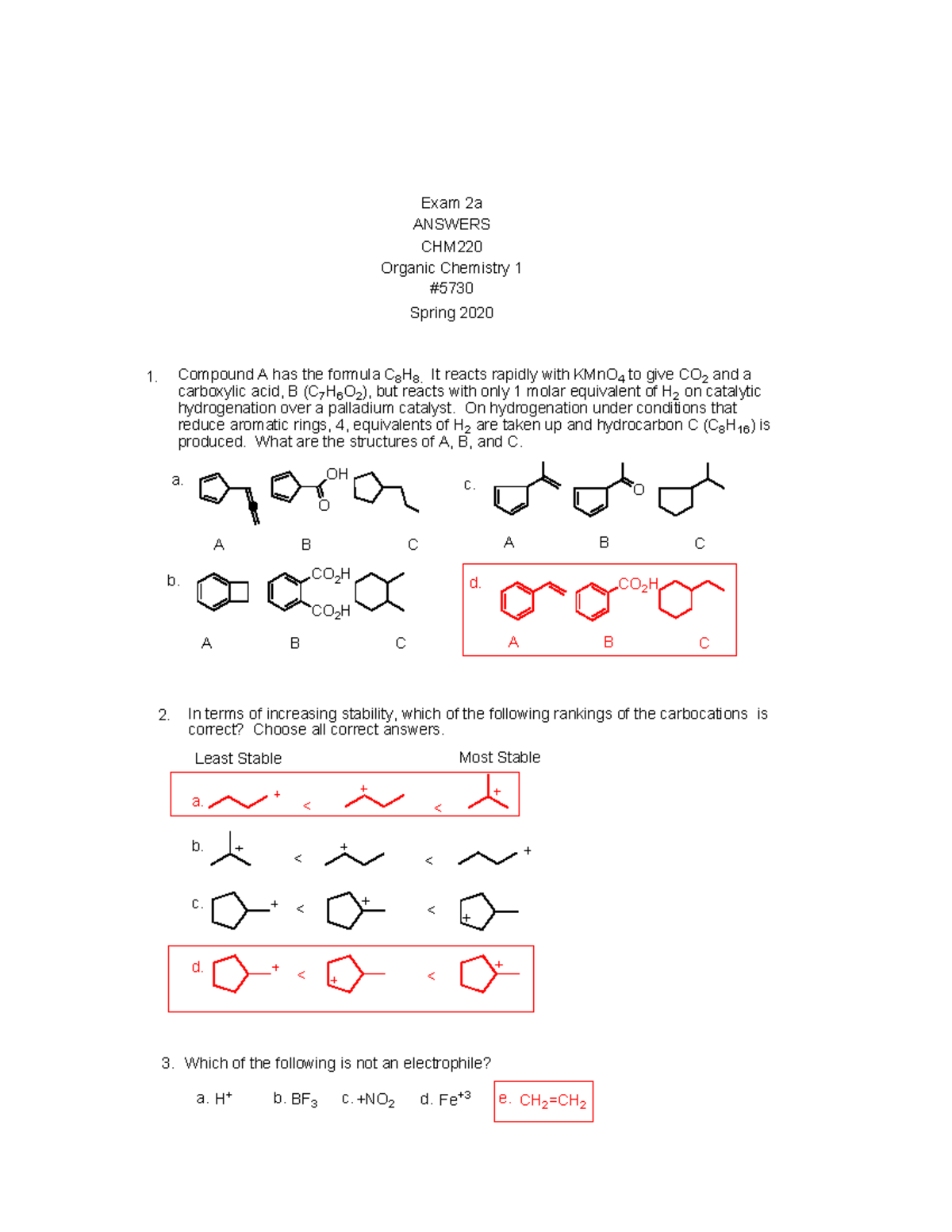 Orgo Exam 2a 2020 (answers) - Exam 2a CHM Organic Chemistry 1 Spring ...