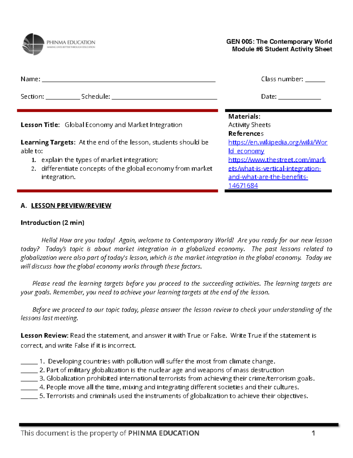 Gen 6 - ans - Module #6 Student Activity Sheet Name: - Studocu