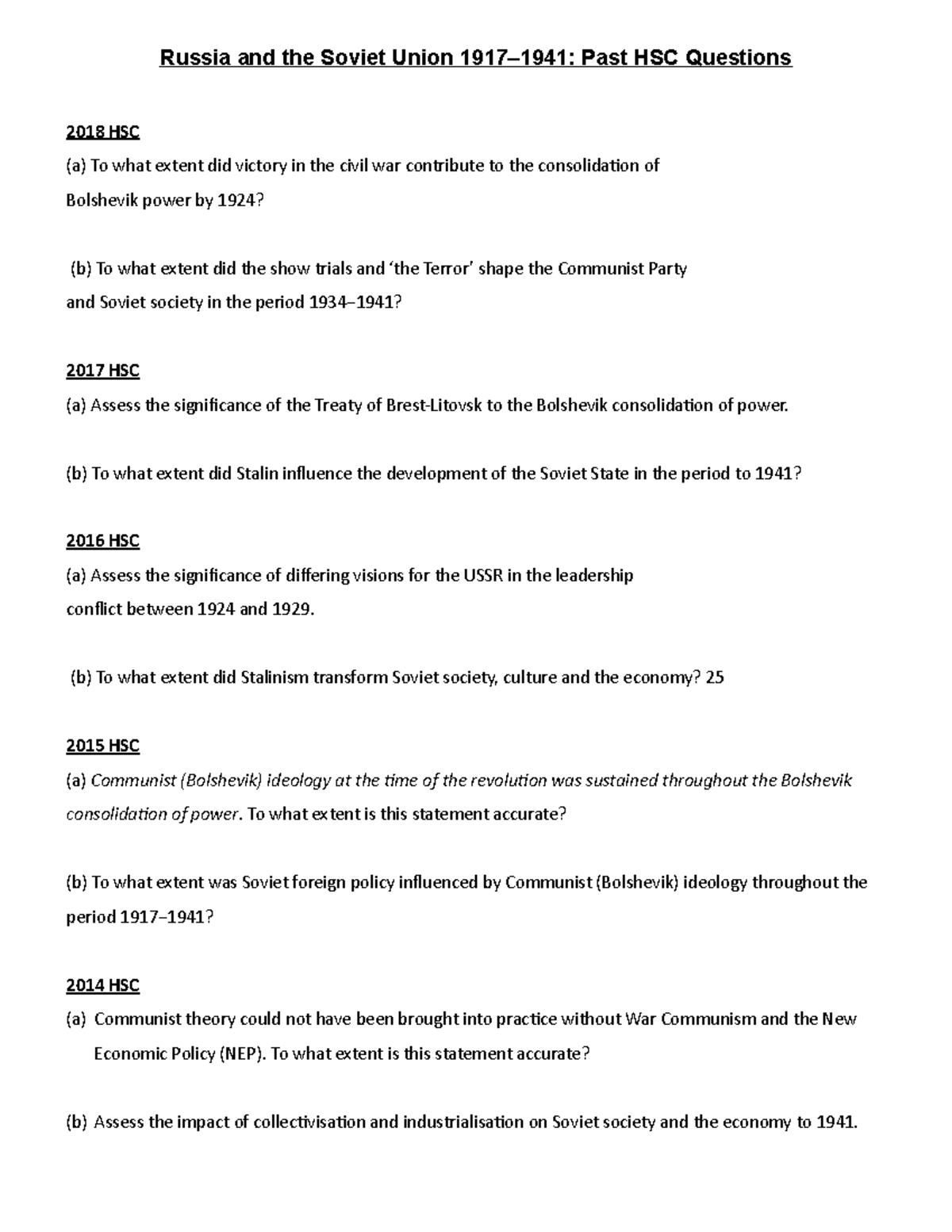 Past HSC Qs Russia - Russia and the Soviet Union 1917–1941: Past HSC ...