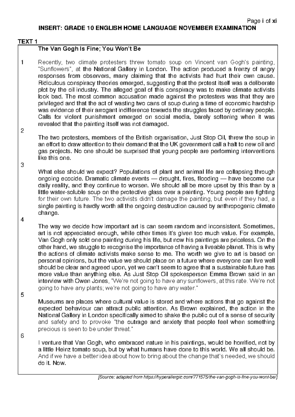 Grade 10 English HL - Paper 1 Insert black and white - Page i of xi ...