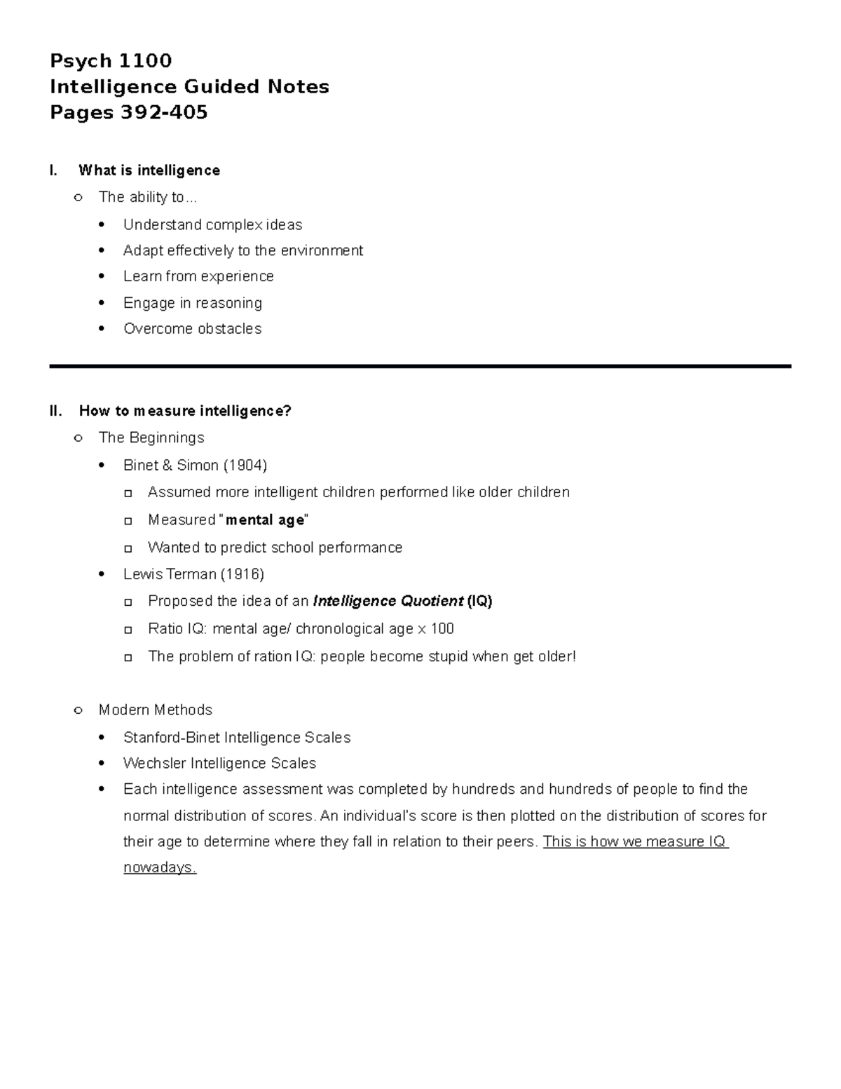 Guided Note for Intelligence - Psych 1100 Intelligence Guided Notes ...