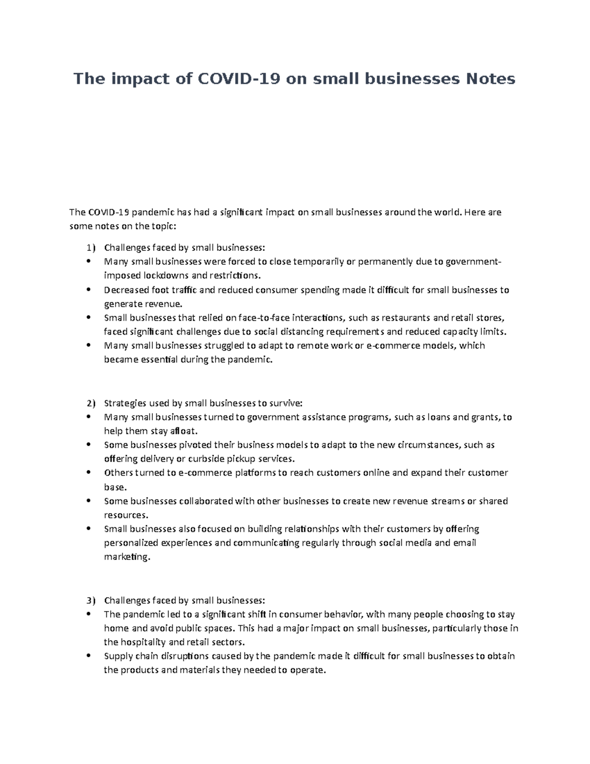 The impact of COVID-19 on small businesses Notes - Here are some notes ...