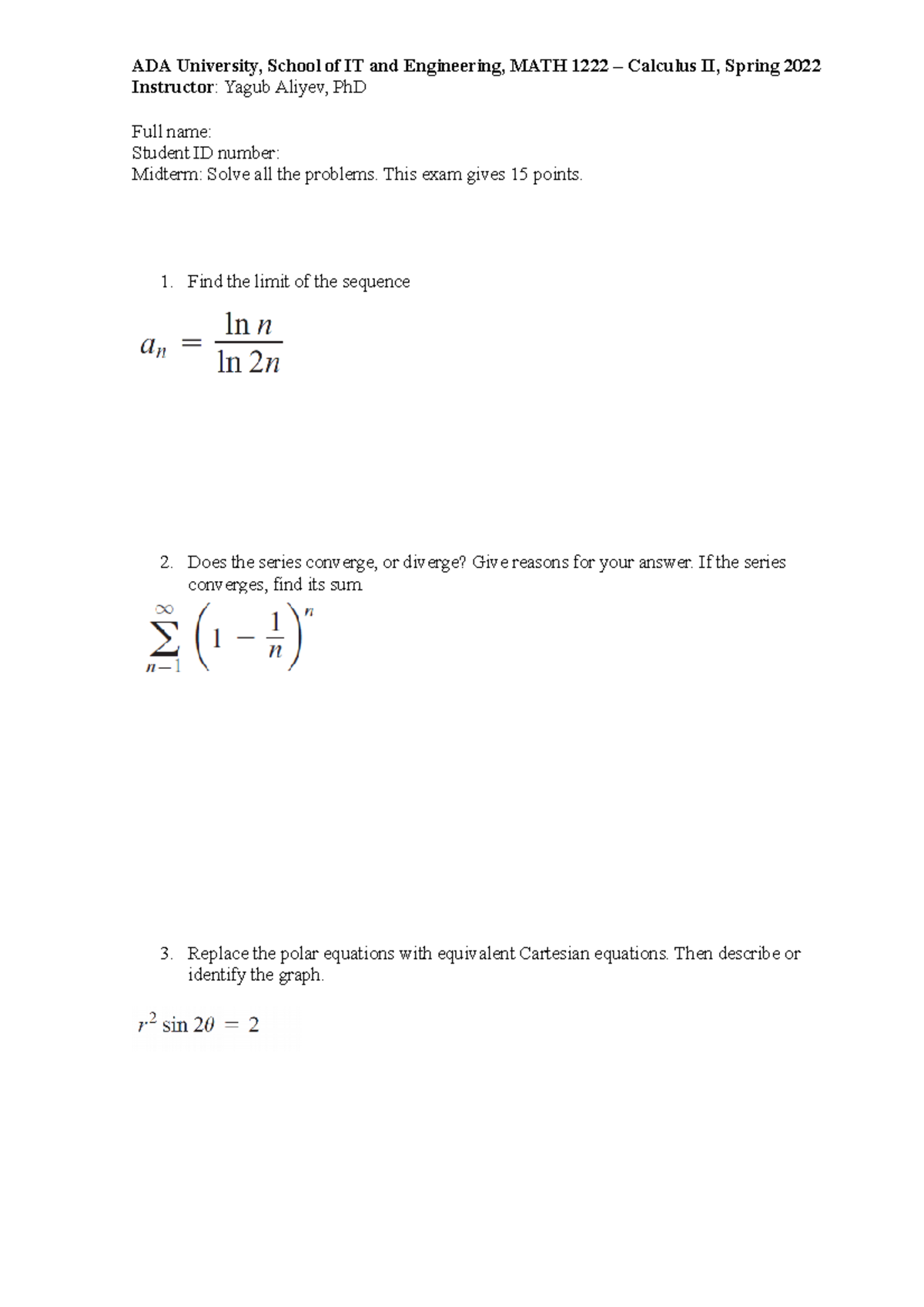 Calculus 2Midterm C 2022 - ADA University, School of IT and Engineering ...