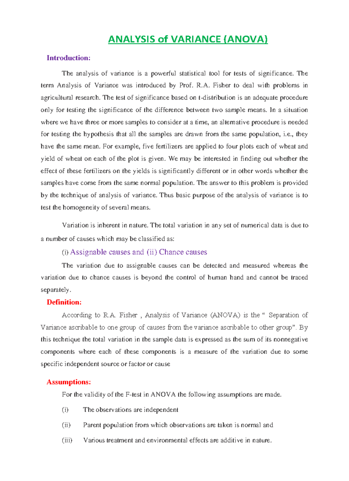 Unit V Lecture Note On Sampling Theory Analysis Of Variance Anova Introduction The