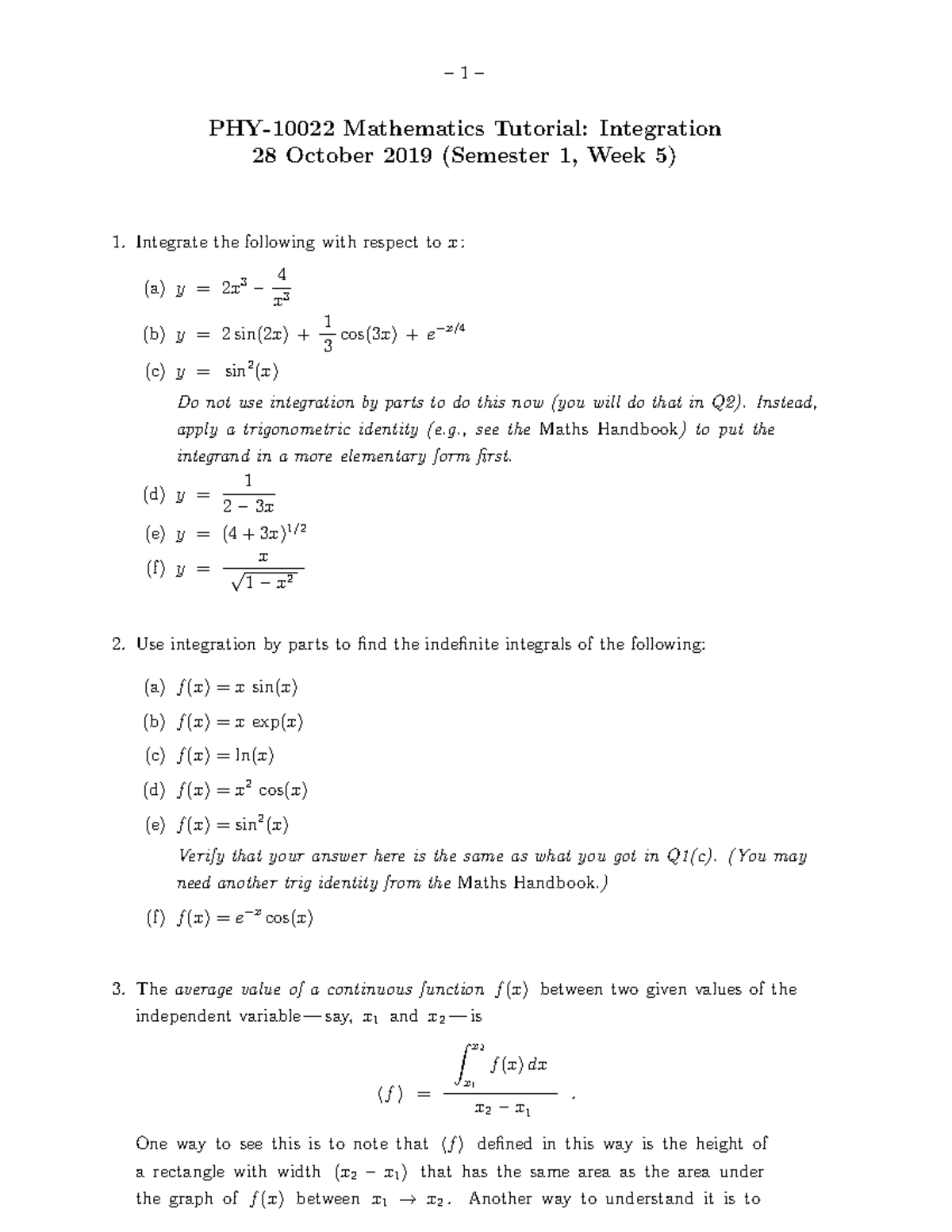 Semester 1 Tutorial 4 2019 - – 1 – PHY-10022 Mathematics Tutorial ...
