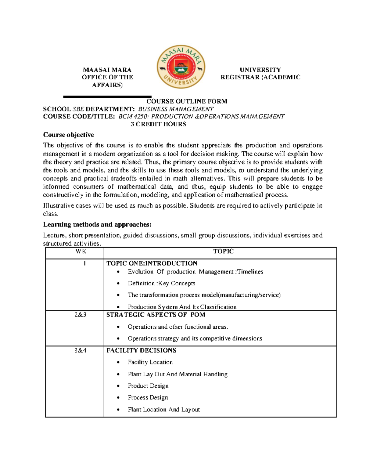 Production and Operations Management Course Outline - MAASAI MARA ...
