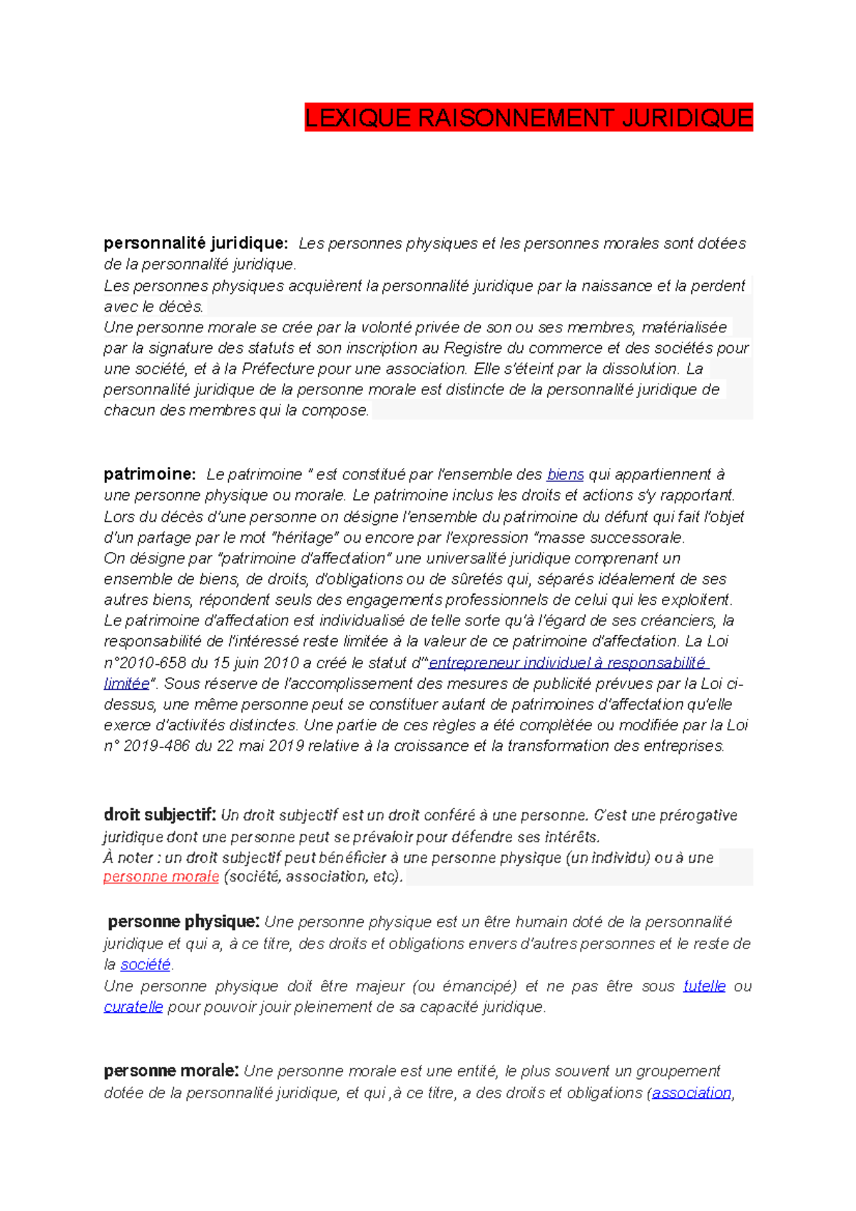 Lexique Raisonnement Juridique - Université Paris Nanterre - Studocu