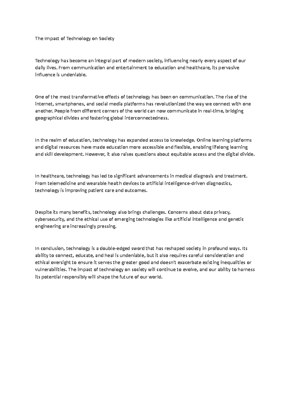 Studocu - english critical writing - The Impact of Technology on ...