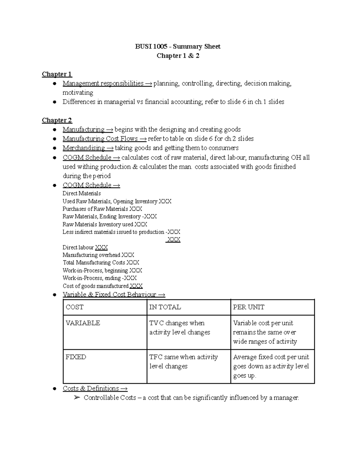 Lecture Notes Weeks 1-4 managerial accounting - Chapter 1 & 2 Chapter 1 ...