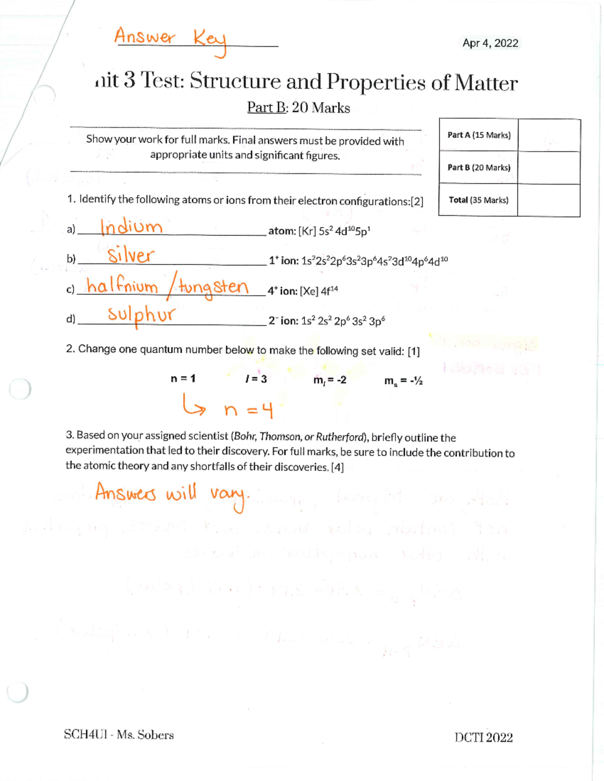 Unit 3 Test Structure and Properties of Matter (Key) - QMS210 - Toronto ...