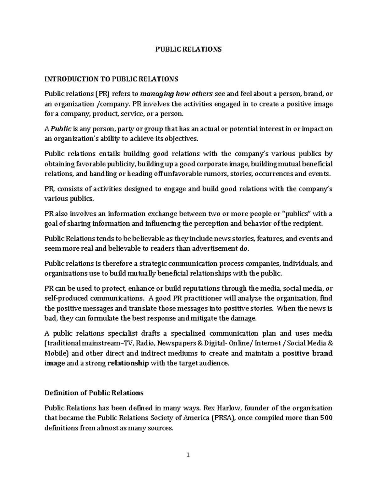 Public Relations - Set 1 - PUBLIC RELATIONS INTRODUCTION TO PUBLIC ...